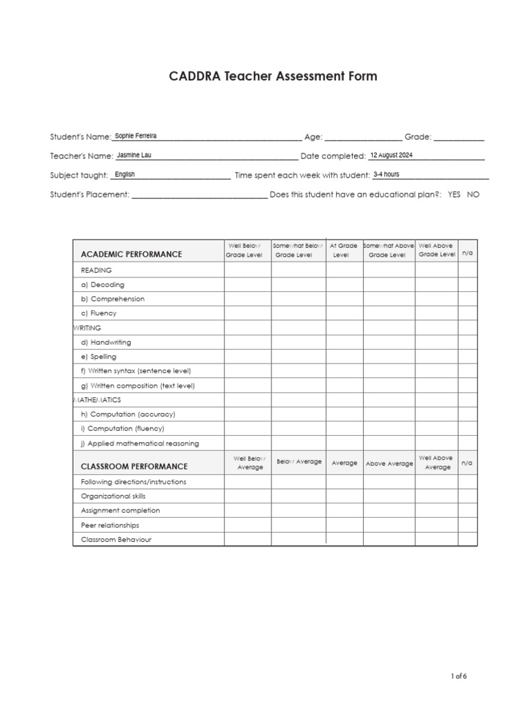 Teacher English Assessment SNAP-IV BRIEF-2 | PDF