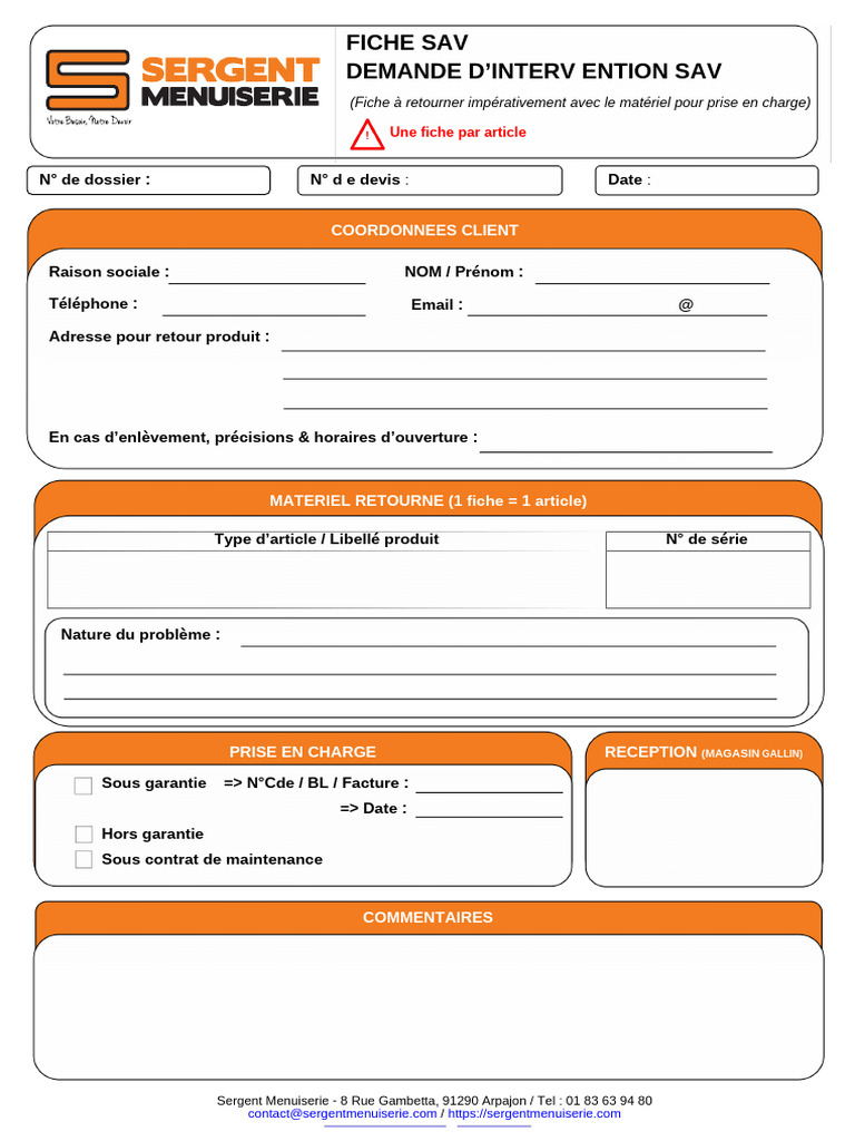 Fiche-Sav-Retour-Materiel-2021 Sergent Menuiserie | PDF