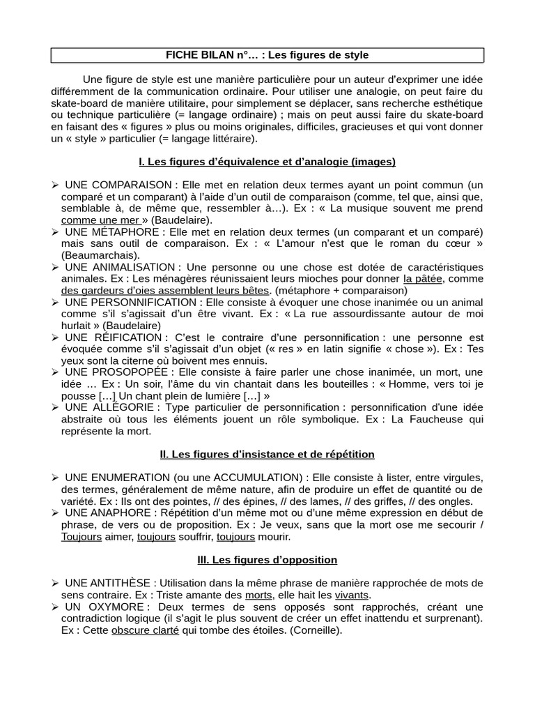 Fiche de révision : Figures de style | PDF | Techniques de rhétorique ...