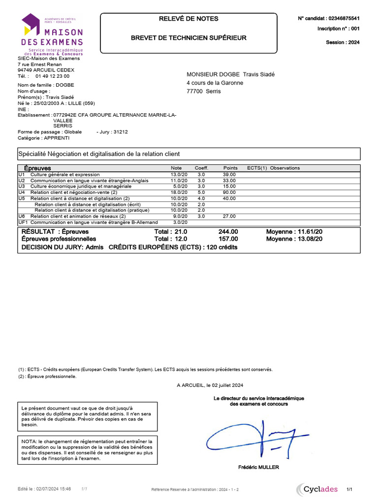 Releve_de_Notes_234687554100001 | PDF