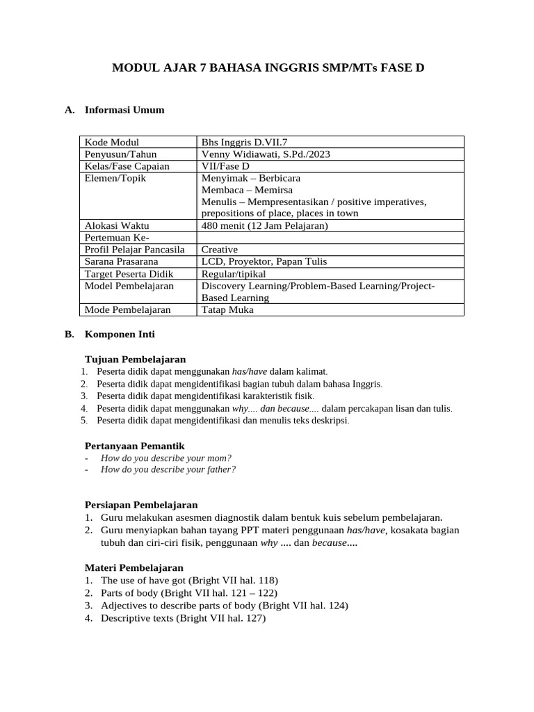 Modul Ajar B-Inggris Bab 7 SMP Grade Vii | PDF