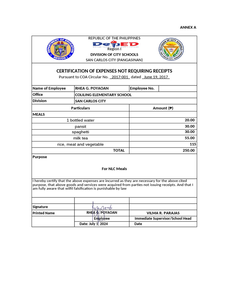 Certification of Expenses Not Requiring Receipts | PDF | Foods