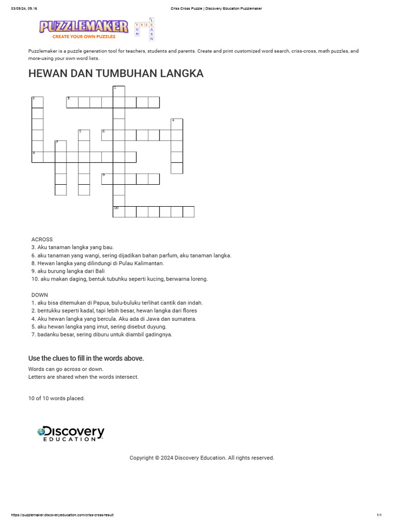 Criss Cross Puzzle - Discovery Education Puzzlemaker | PDF