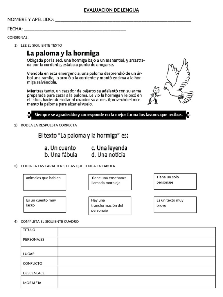 EVALUACION DE LENGUA4to Grado | PDF