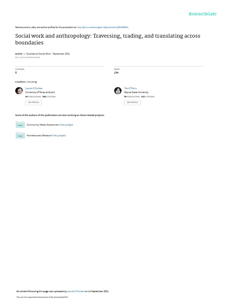 Social Work and Anthropology: Traversing, Trading, and Translating Across Boundaries | PDF