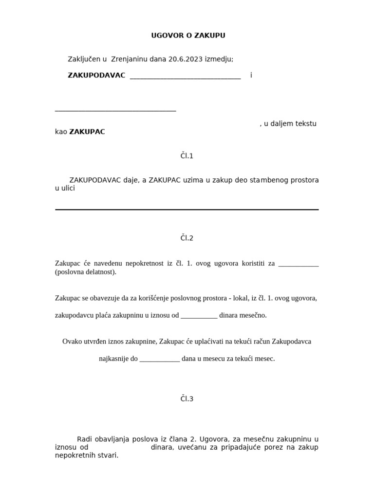 Ugovor o zakupu POSLOVNOG PROSTORA 2023 | PDF