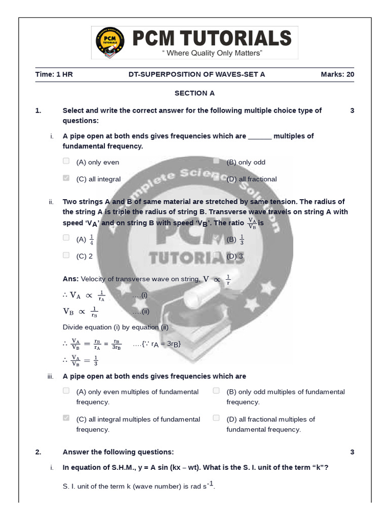 Answer Key-Dt-Superposition-Of-Waves-Set-A | PDF