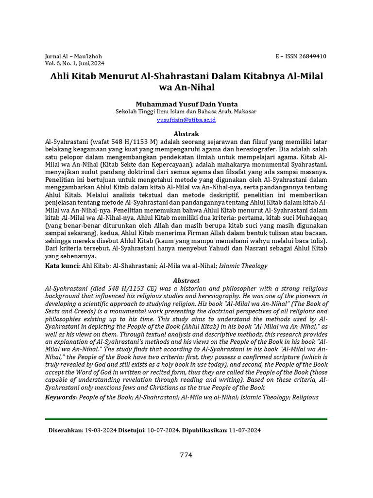 Ahli Kitab Menurut Al-Shahrastani Dalam Kitabnya Al-Milal Wa An-Nihal | PDF