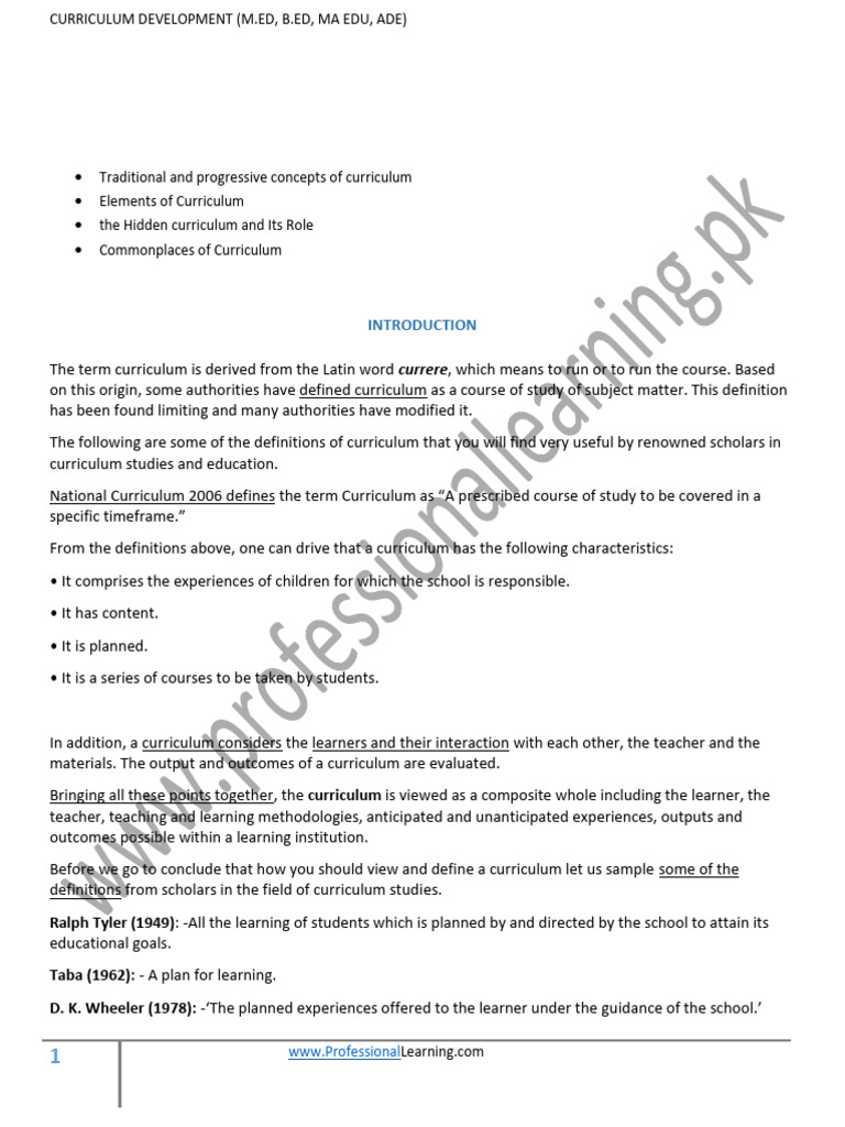 Lecture 1 Curriculum Development and Implementation EDU 307 | PDF