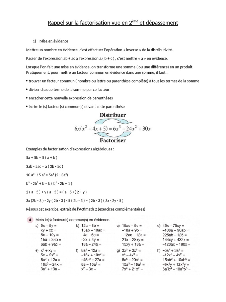 REMEDIATION Rappel Sur La Factorisation Vue en 2ème Et Dépassement | PDF
