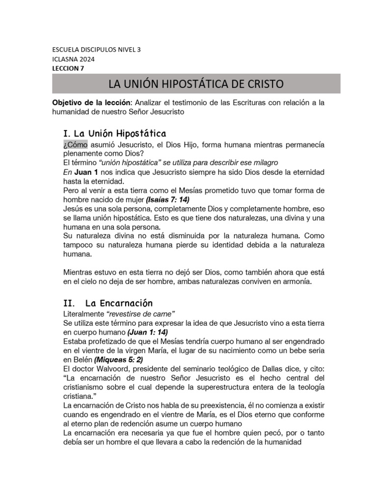 Clase 7 Escuela Discipulos Nivel 3 La Union Hipostatica de Jesucristo | PDF