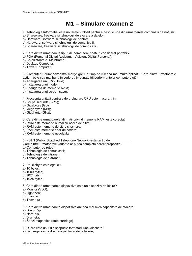 M1 - Simulare examen 2 | PDF