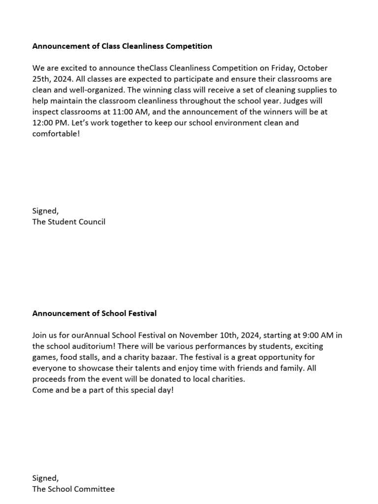 Announcement Examples | PDF