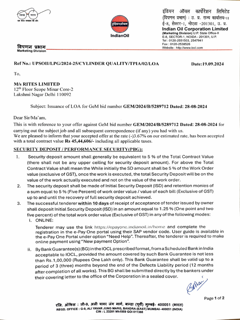 LOA To RITES For TPIA IOCL Plants | PDF