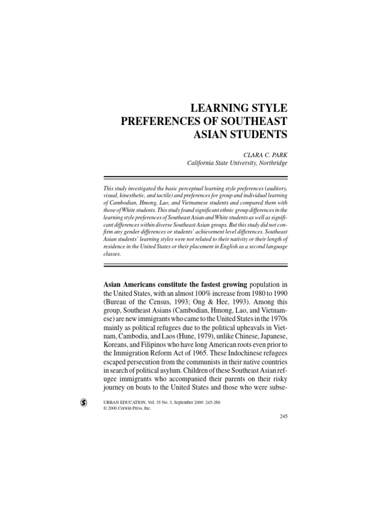 Learning Style Preferences of Southeast Asian Students - Park 2000 | PDF
