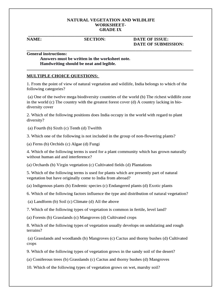 Natural Vegetation and Wild Life - Worksheet | PDF