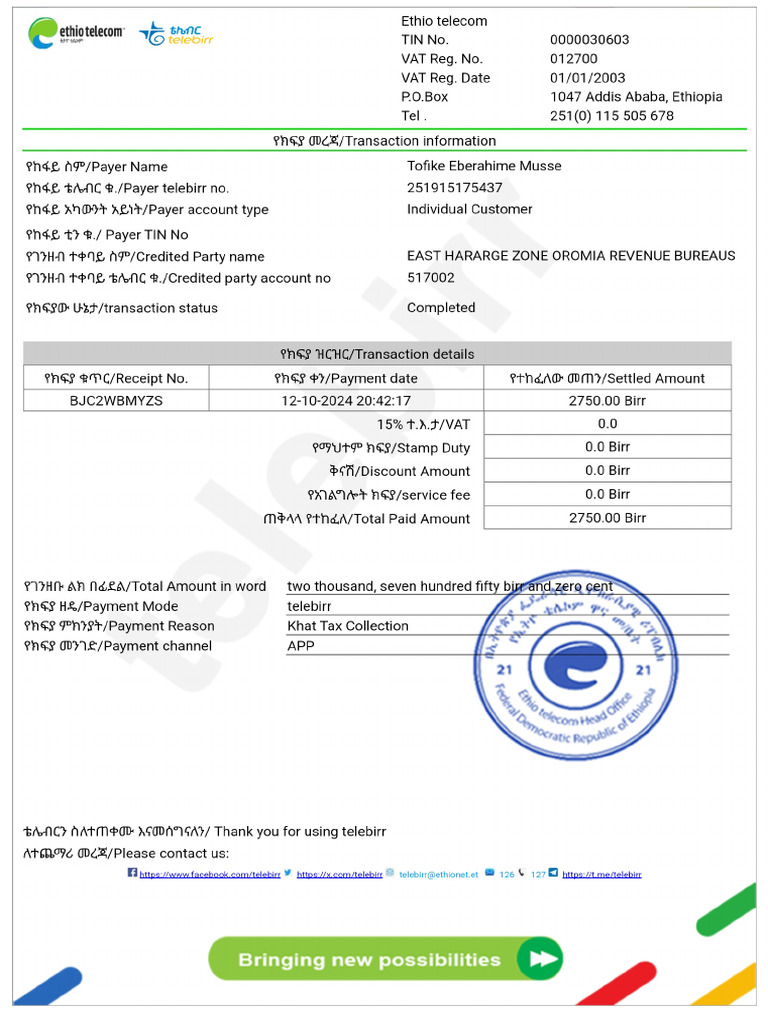 Telebirr - Khat Tax Collection | PDF