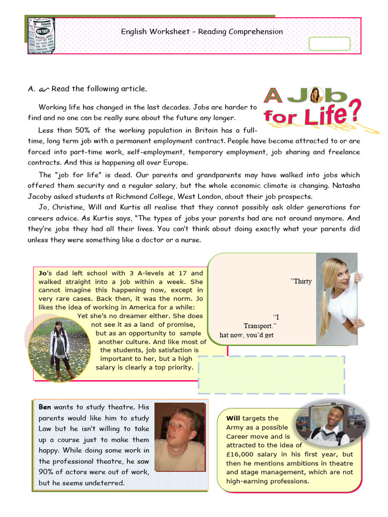 5 A Job For Life Reading Comprehension Exercises | PDF
