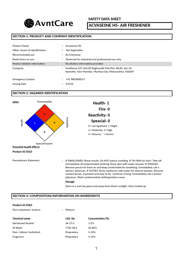 Acvasesne H5 - MSDS-3 | PDF