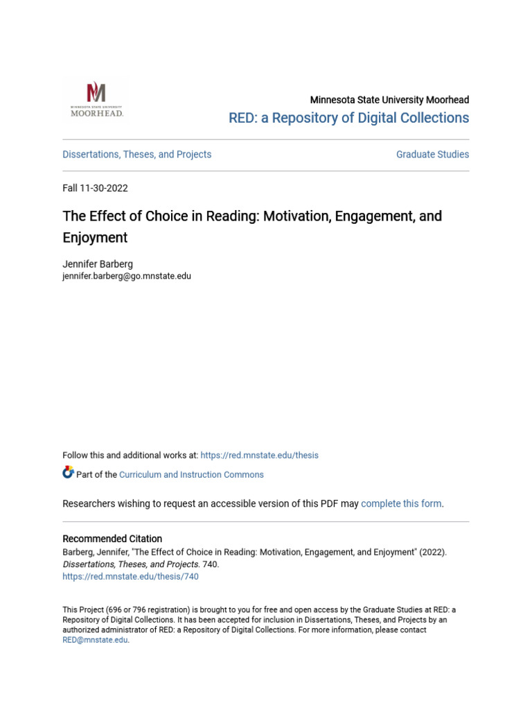 The Effect of Choice in Reading - Motivation Engagement and Enjo | PDF