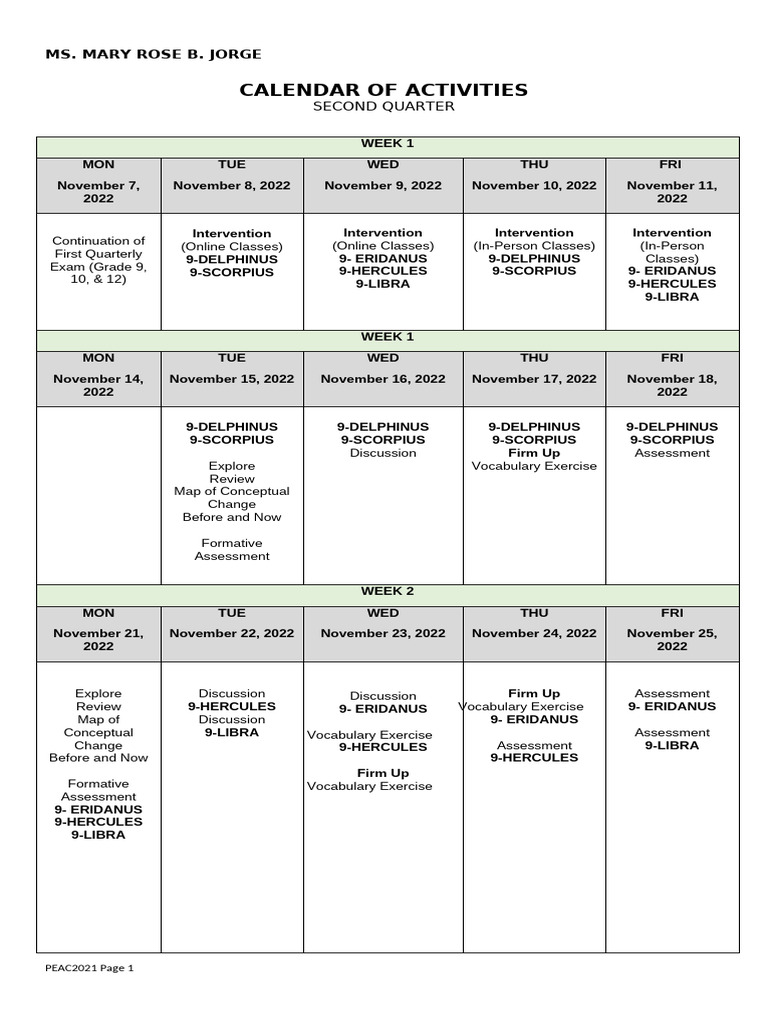2ND Quarter-Calendar of Activities | PDF