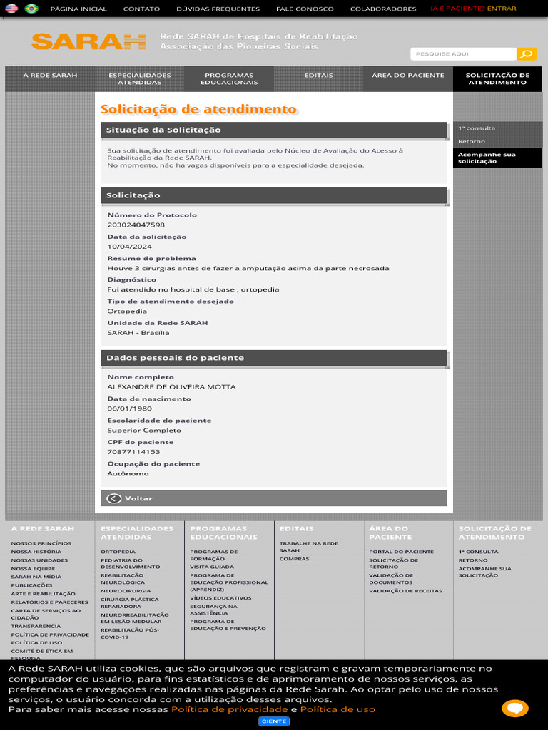 Rede SARAH - Acompanhe Sua Solicitação | PDF