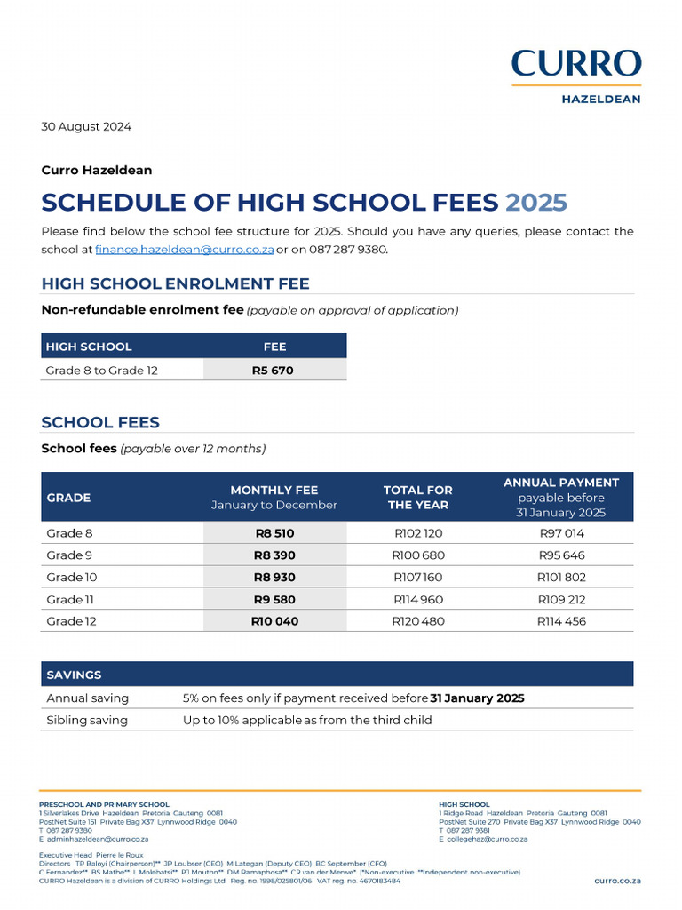 Curro Hazeldean 2025 High School Fee Letter Final For Web | PDF