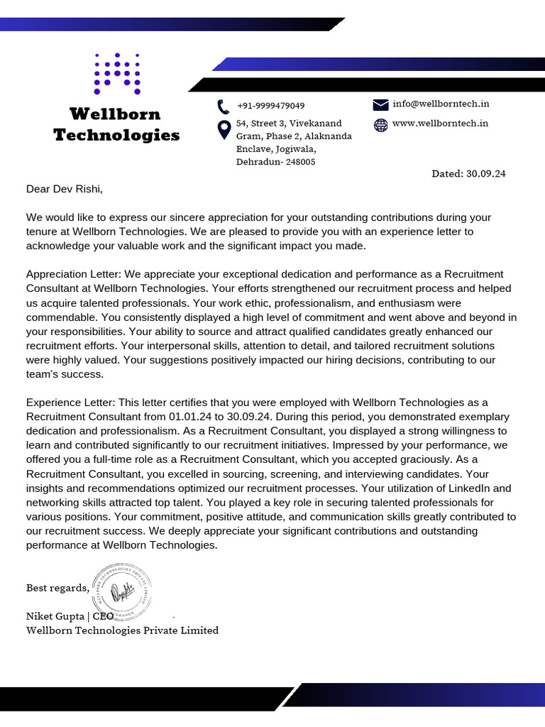 Experience Letter - Dev Rishi | PDF