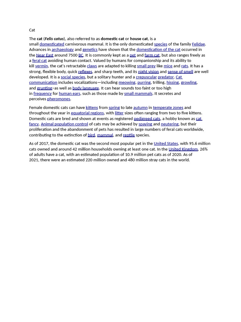 Felis Catus: Cat Domestic Cat House Cat | PDF