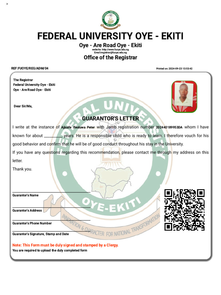 Ajisafe Ifeoluwa Peter - Guarantor's Form | PDF