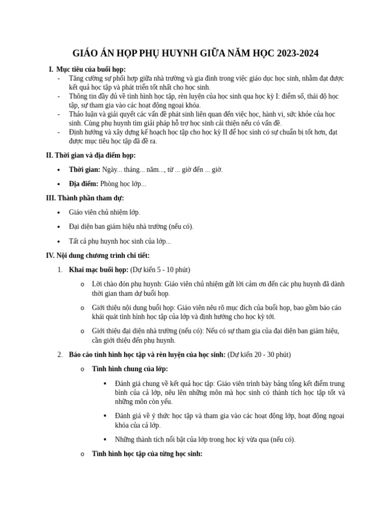 GIÁO ÁN HỌP PHỤ HUYNH GIỮA NĂM HỌC 2023 | PDF