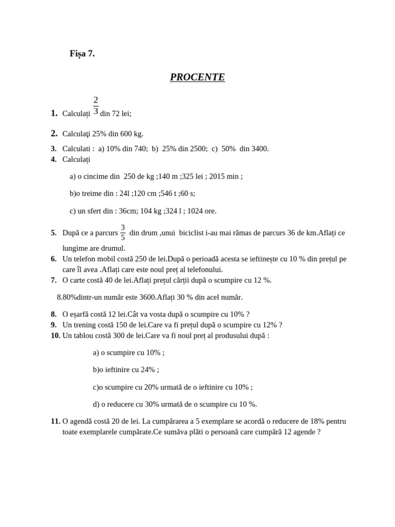 Fisa de Lucru - Procente Clasa A 5 A | PDF