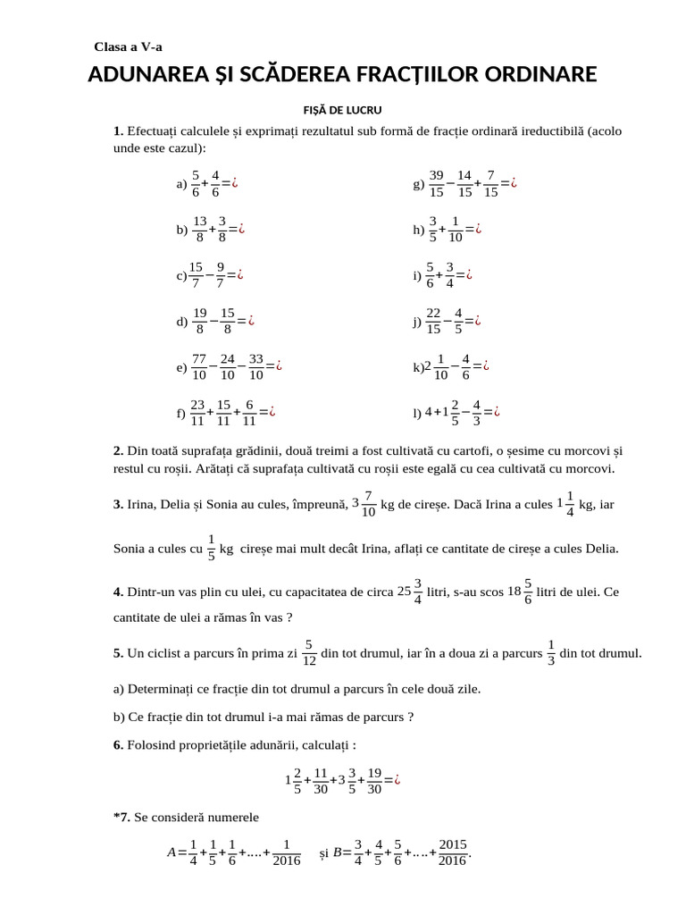 Fisa de Lucru - Adunarea Fractiilor Ordinare | PDF