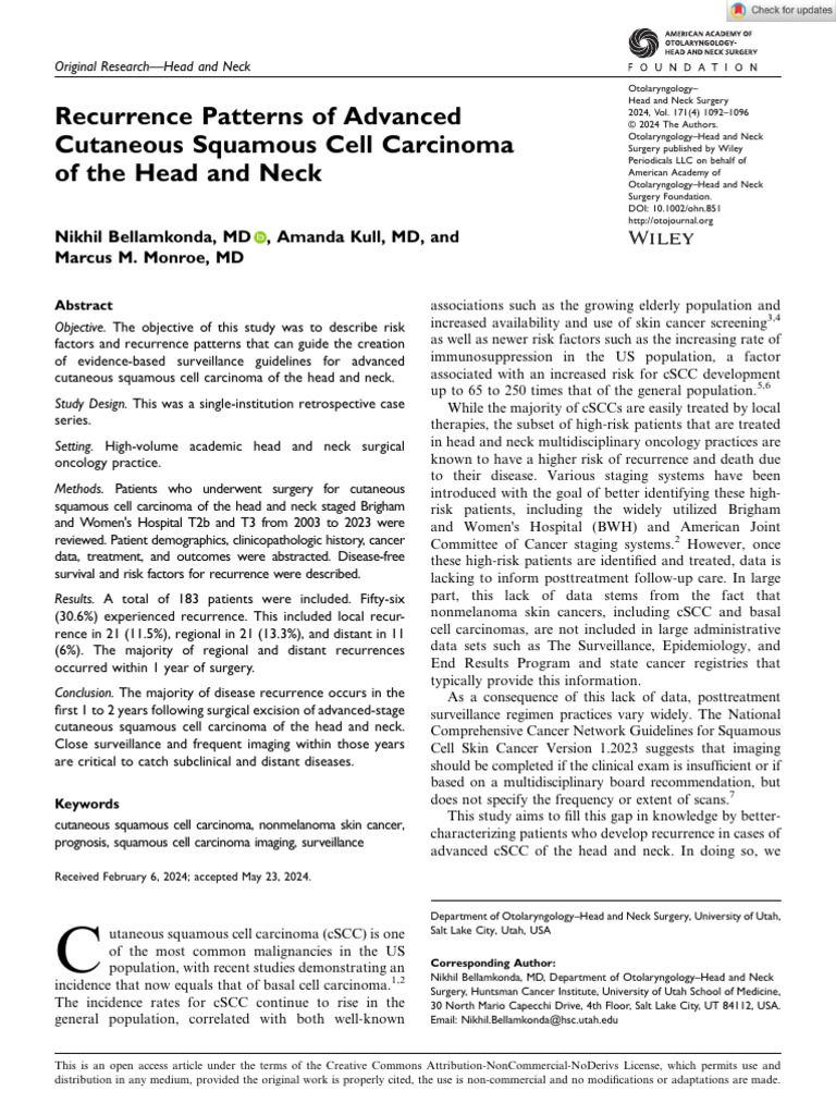 Otolaryngol - Head Neck Surg - 2024 - Bellamkonda - Recurrence Patterns of Advanced Cutaneous ...