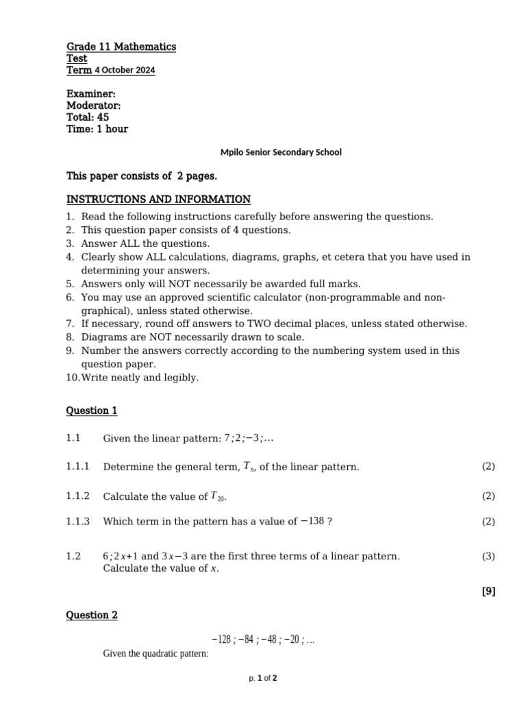 GR 11 Number Patterns Topic Test | PDF