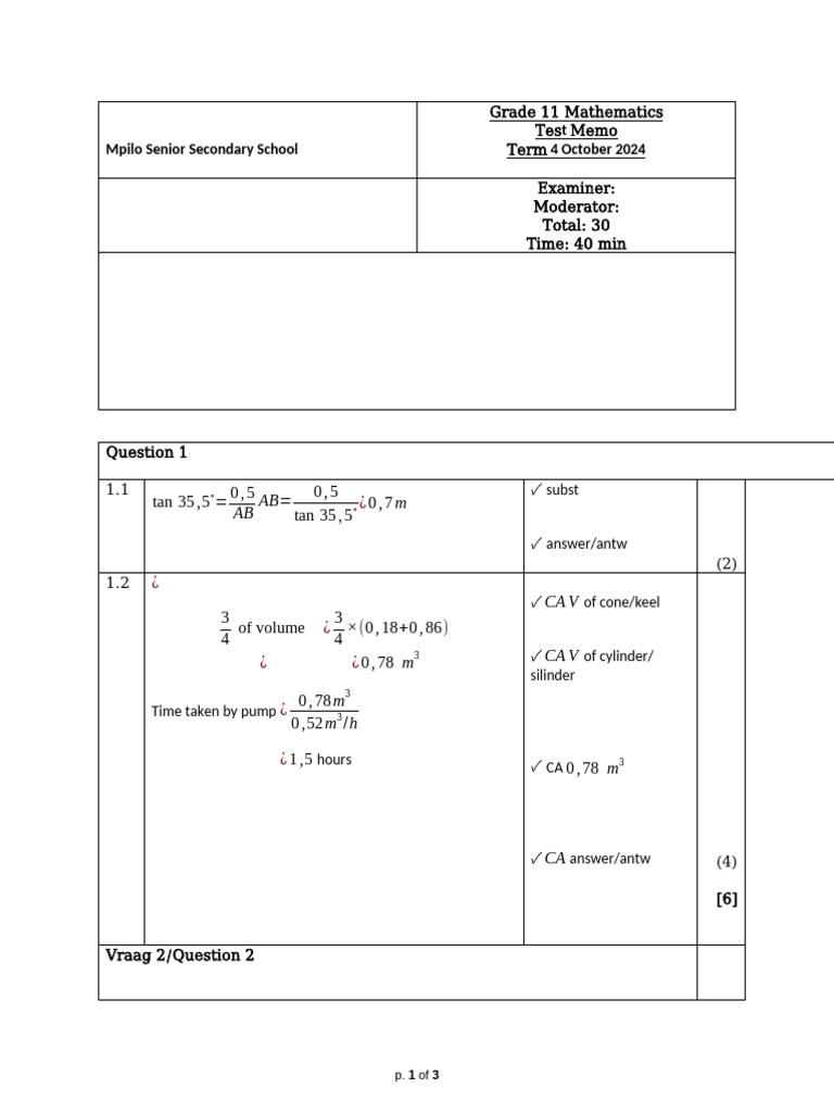 GR 11 Maths Measurement Memorandum | PDF