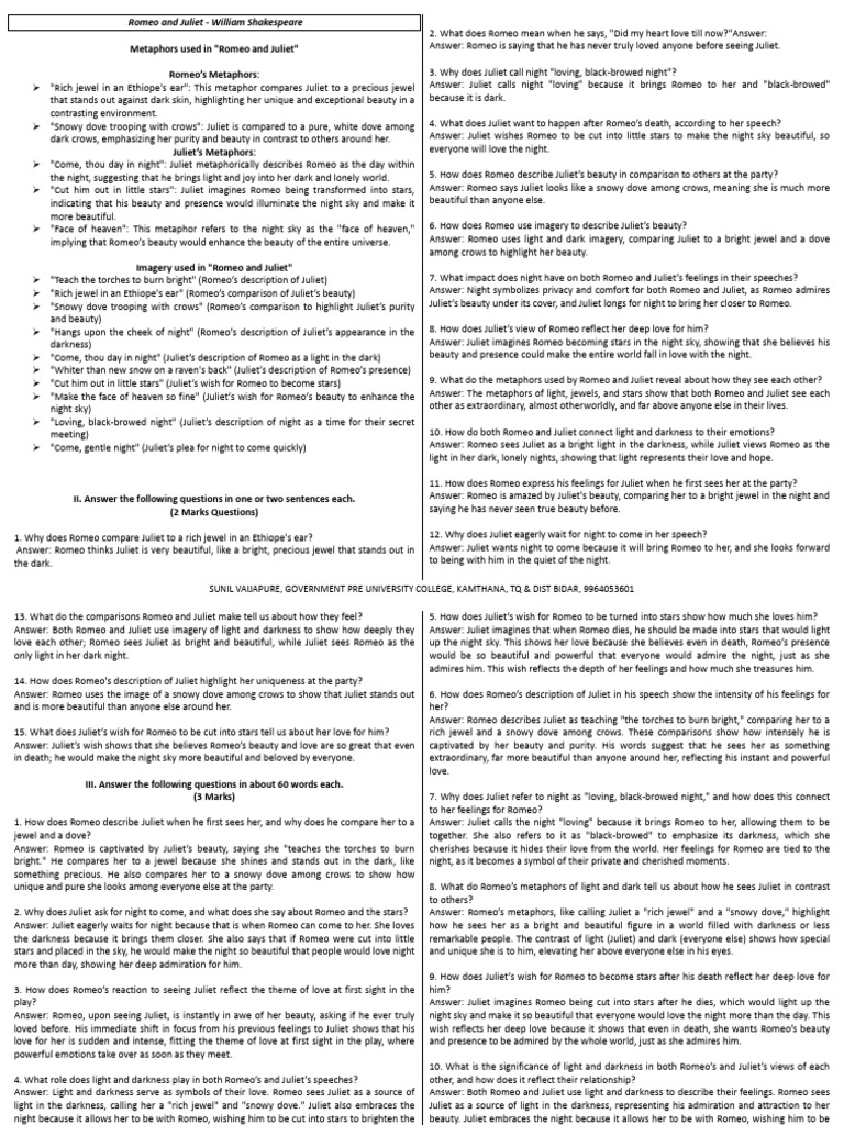 Romeo and Juliet 2,3,& 4 Marks | PDF