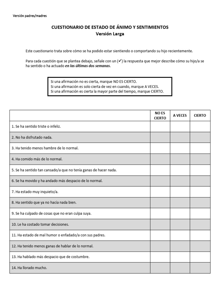 MFQ Cuestionario de Estado de Ánimo y Sentimientos | PDF