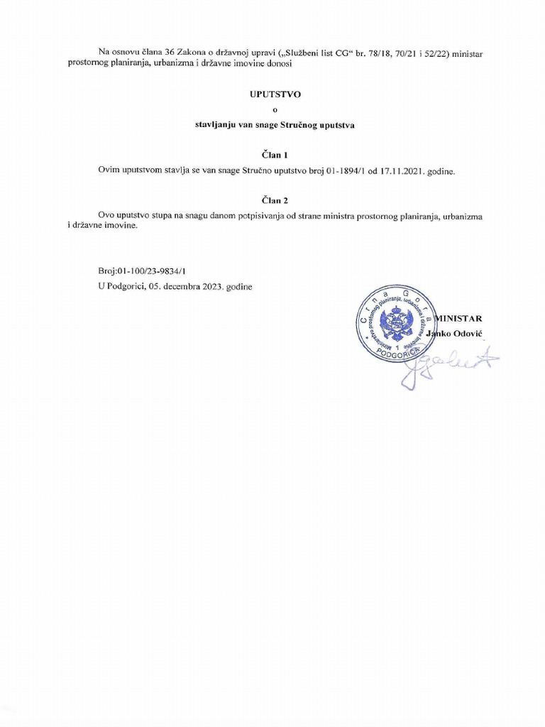 01 18941 Uputstvo o Stavljanju Van Snage Strucnog Uputstva Broj 01 ...