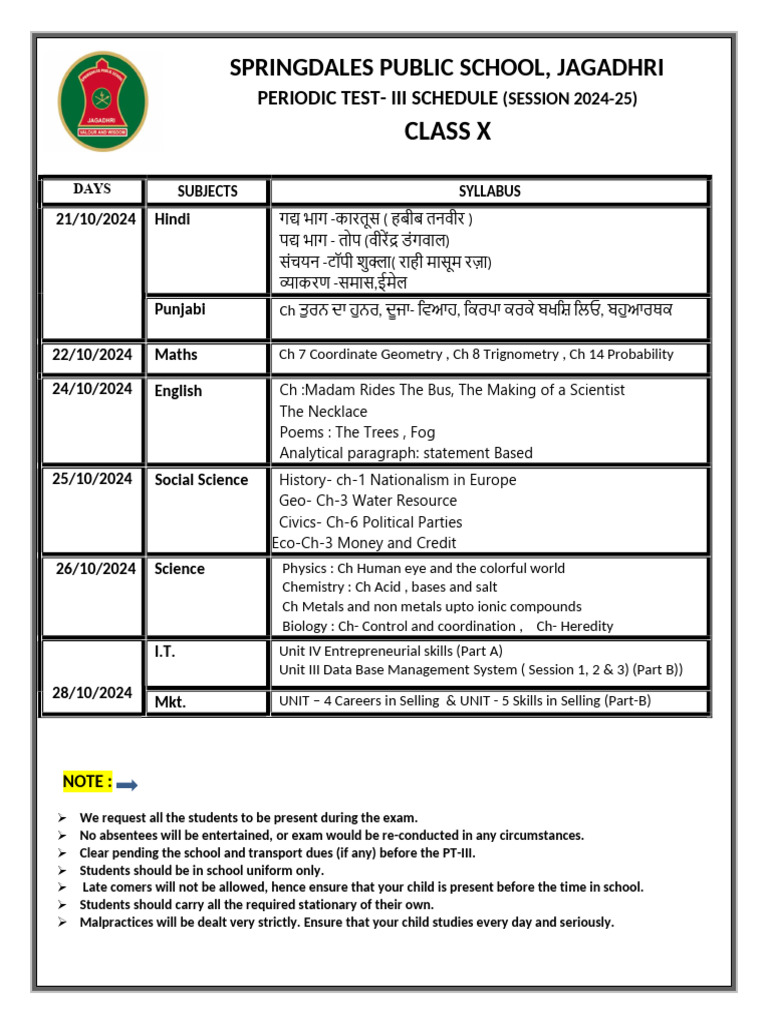 Class X Periodic Test - III Schedule (October 2024) | PDF