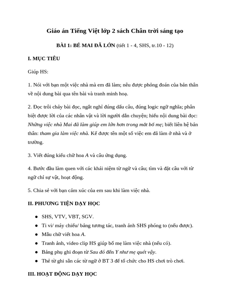 Giao An Tieng Viet 2 Sach Chan Troi Sang Tao | PDF