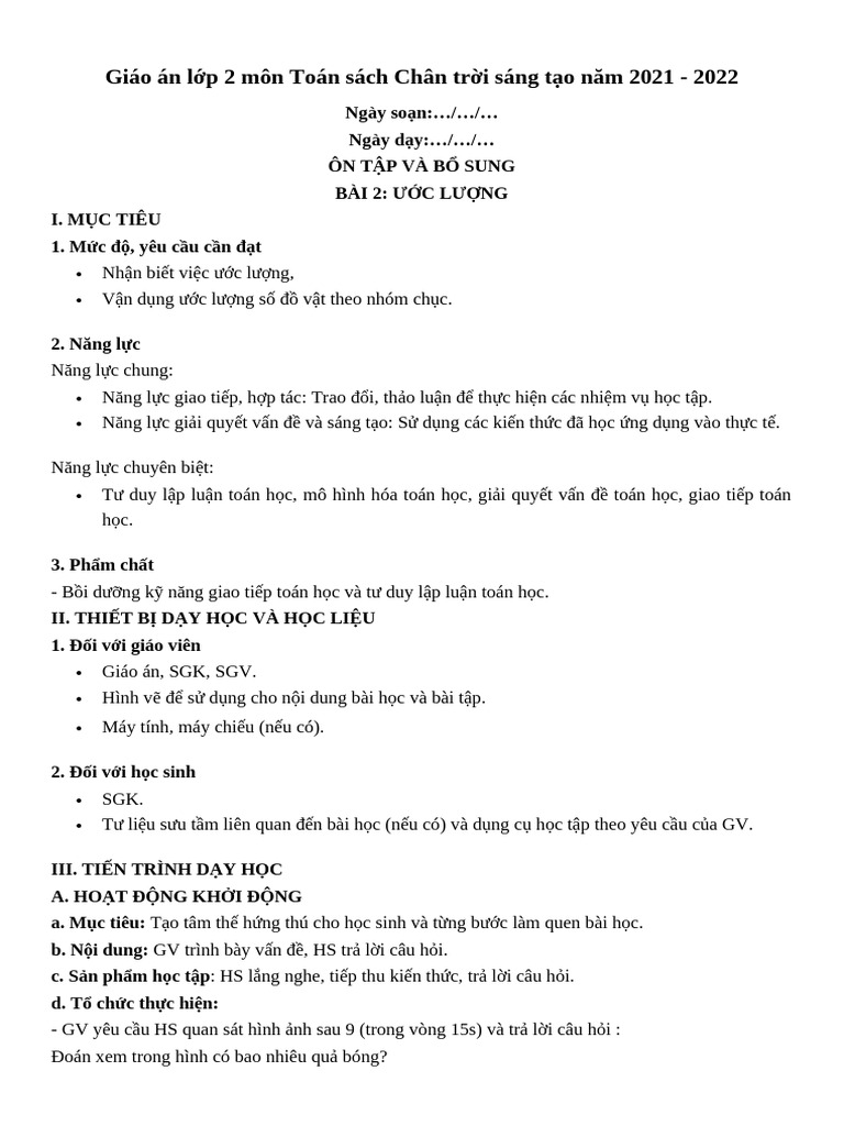 Giao An Toan Lop 2 Sach Chan Troi Sang Tao | PDF