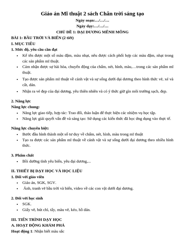 Giao An Mi Thuat Lop 2 Sach Chan Troi Sang Tao | PDF