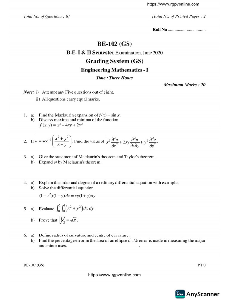 Be 102 Engineering Mathematics 1 Jun 2020 | PDF