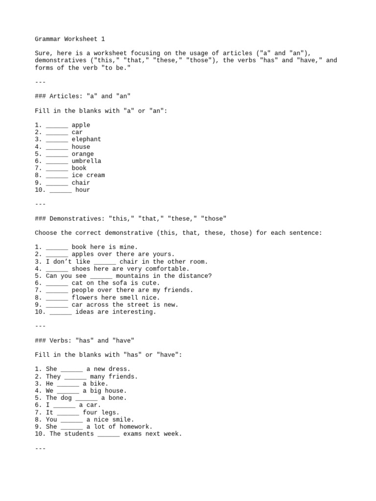 Articles_demonstratives_verb_to_have_&_be_worksheet_1 | PDF