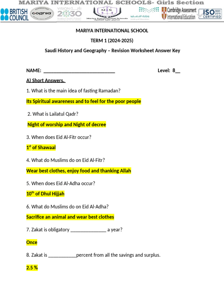LEVEL-8 History Revision Worksheet Answer Key For Mid Term Exam | PDF
