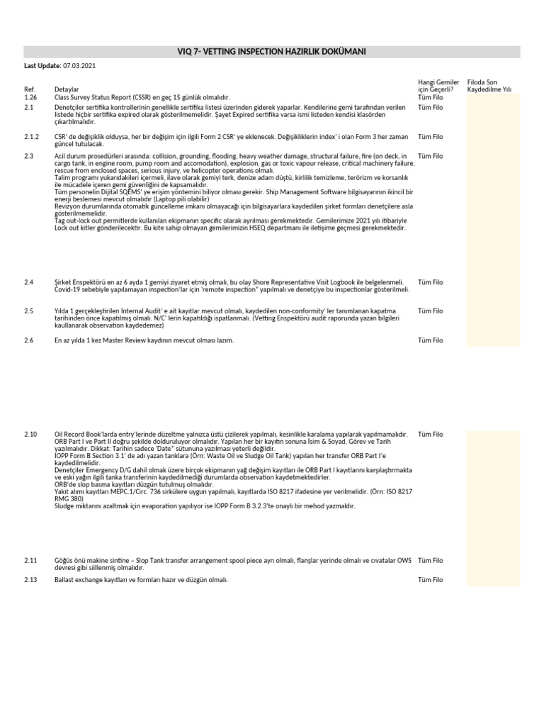 Vetting Inspection Hazırlık Dokümanı (VIQ 7) | PDF