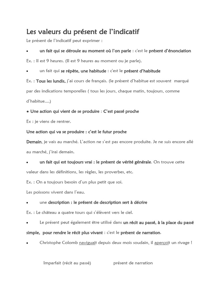 Les Valeurs Du Présent de L'indicatif | PDF