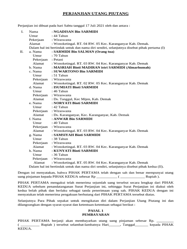 Contoh Surat Perjanjian Utang Piutang | PDF