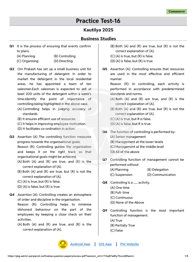 Practice Test 16 - Business Studies Test Paper - Kautilya 2025 | PDF